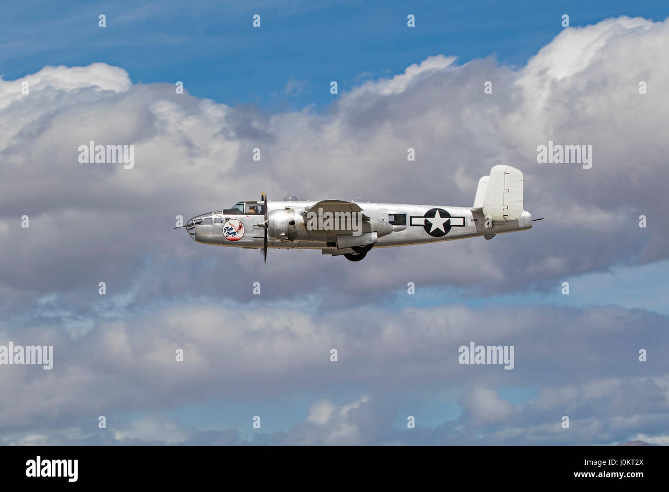 Airplane vintage WWII B-25 Mitchell heavy bomber flying at the 2017 Los ...