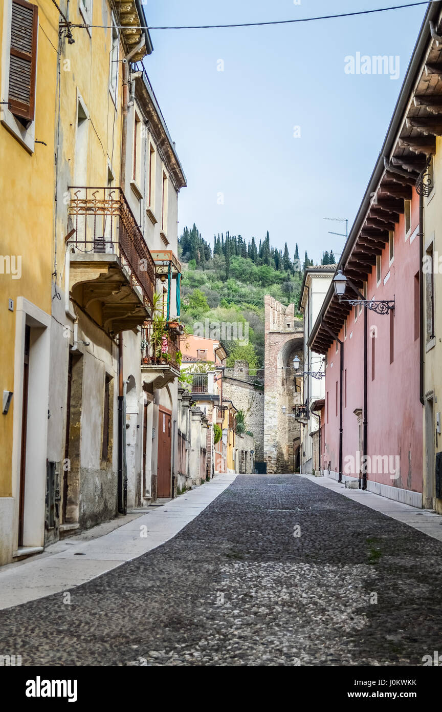 Ancient Stones Street in the Italian Walled City of Soave with Tower ...