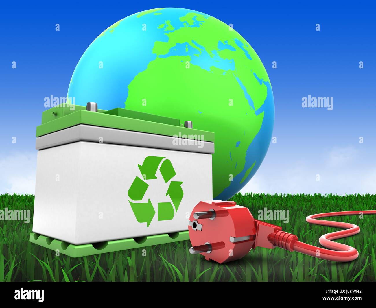 3d illustration of car battery over nature background with earth and ...