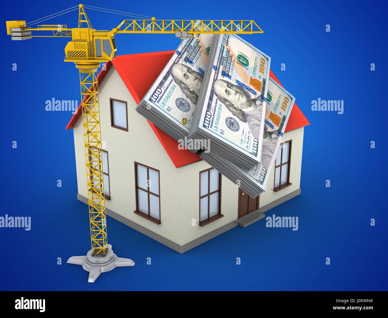 3d illustration of generic house over blue background with money and ...