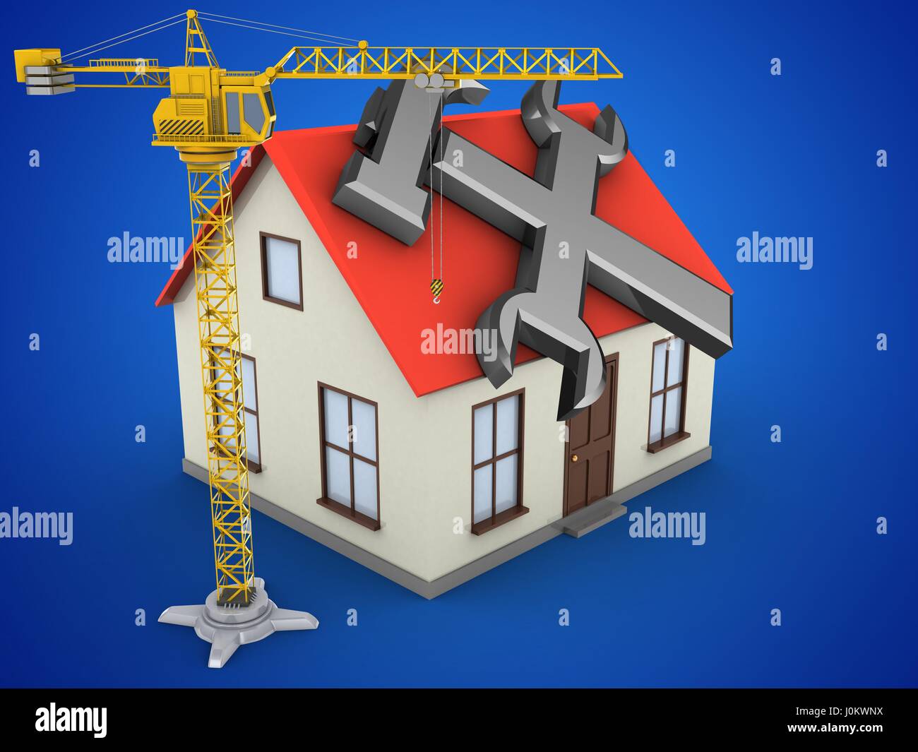 3d illustration of generic house over blue background with repair ...