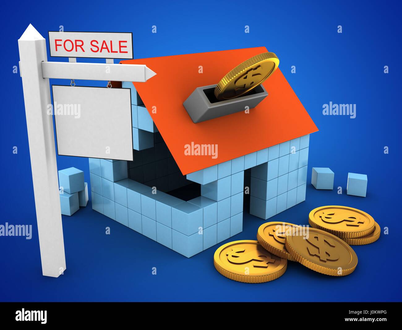3d illustration of block house over blue background with coins and sale ...