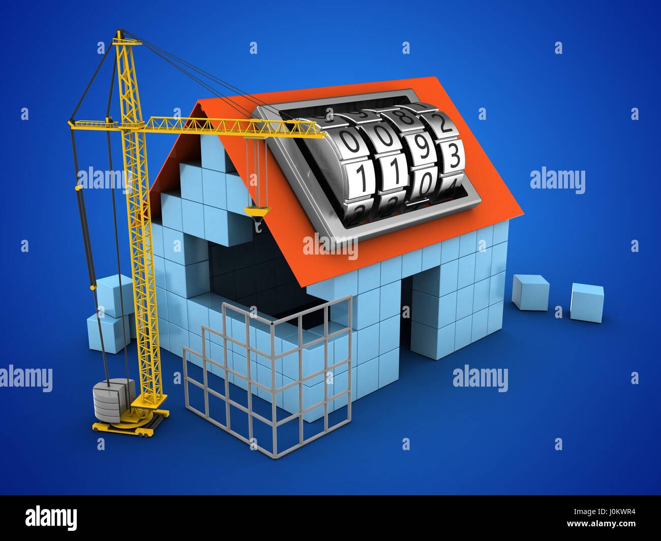 3d illustration of block house over blue background with code lock dial ...