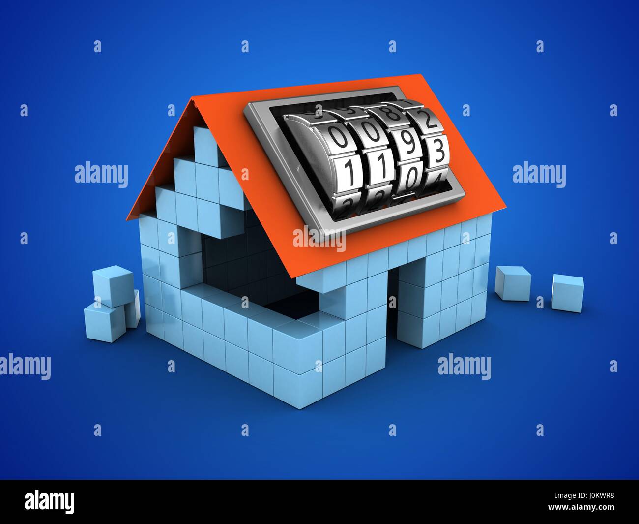 3d illustration of block house over blue background with code lock dial ...