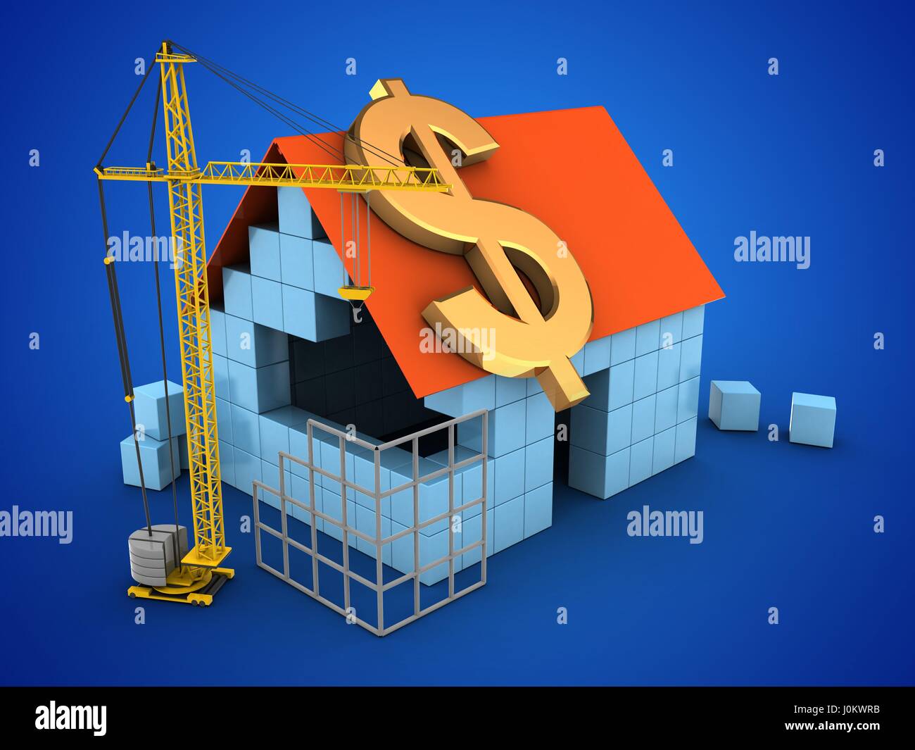 3d illustration of block house over blue background with dollar sign ...