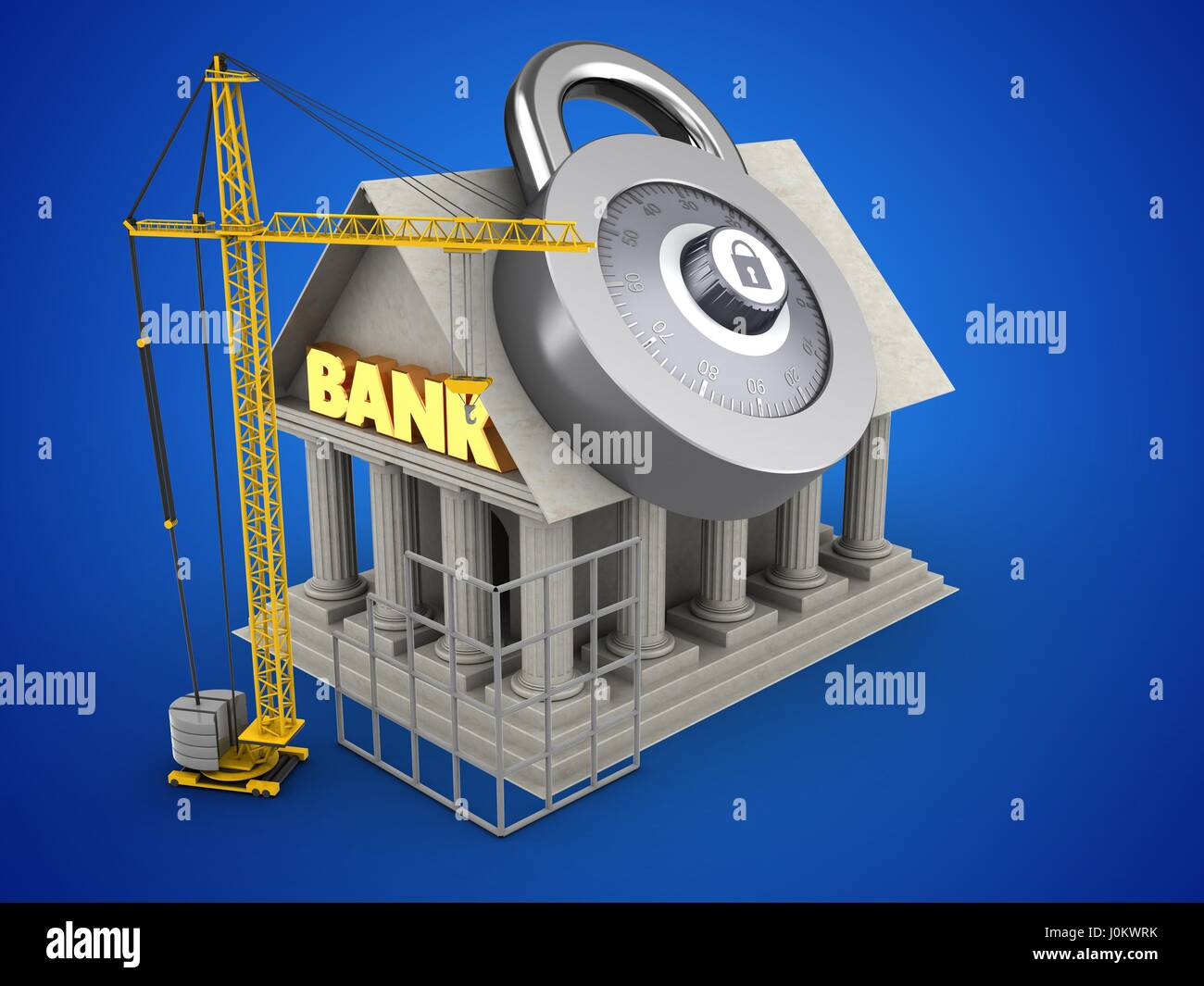 3d illustration of Bank over blue background with code lock and ...