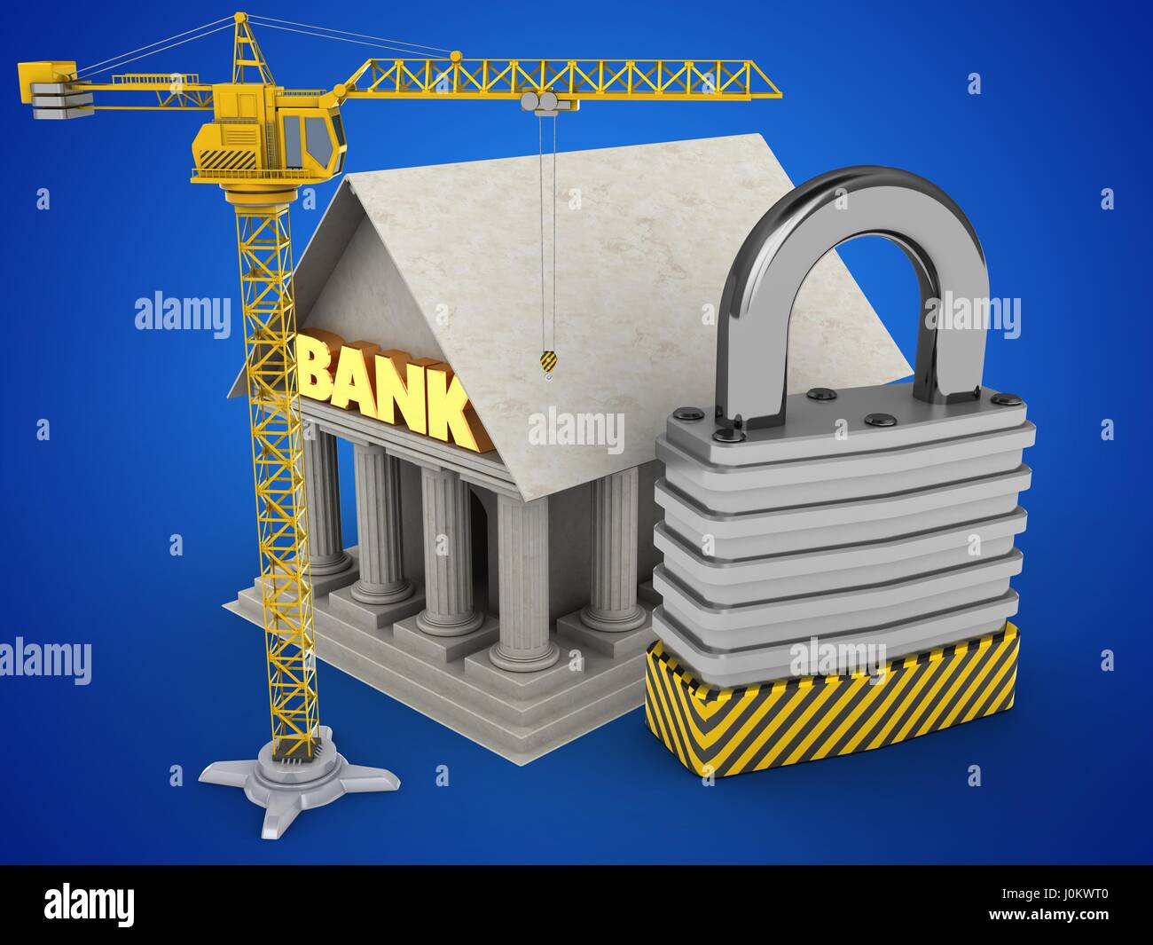 3d illustration of Bank over blue background with padlock and crane ...