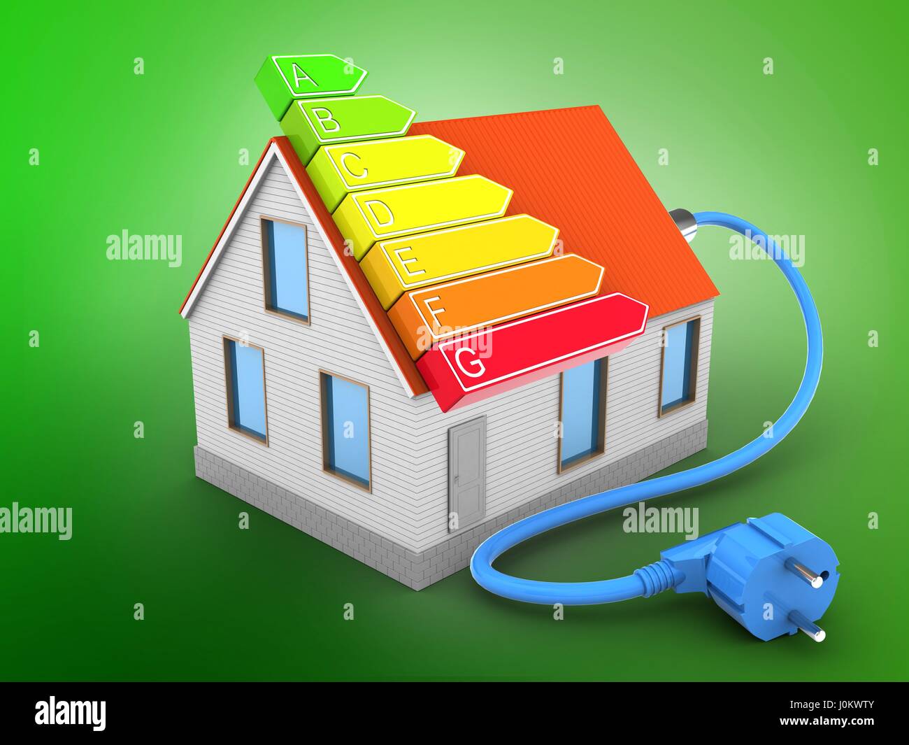 3d illustration of house red roof over green background with power ...