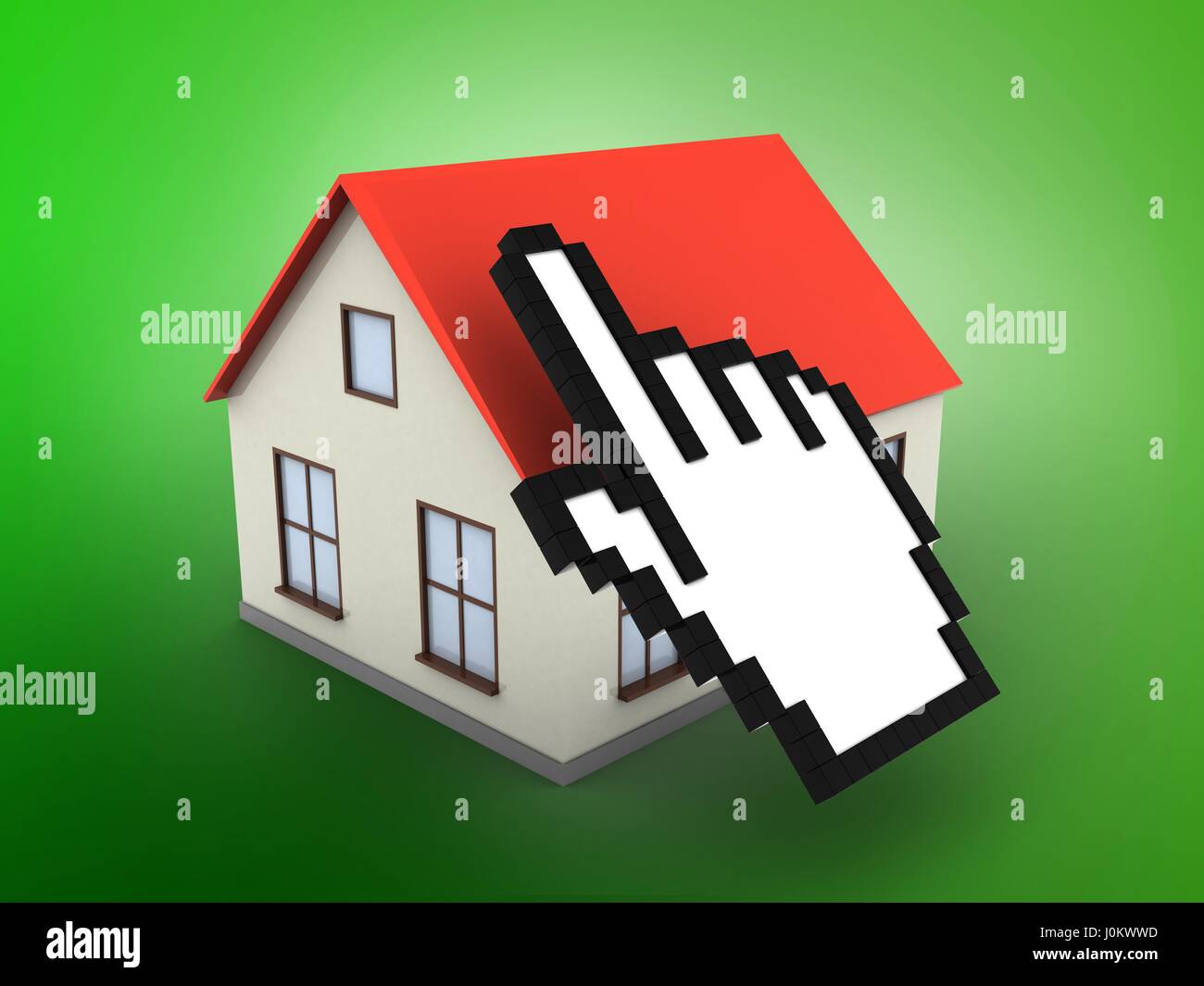 3d illustration of generic house over green background with cursor ...