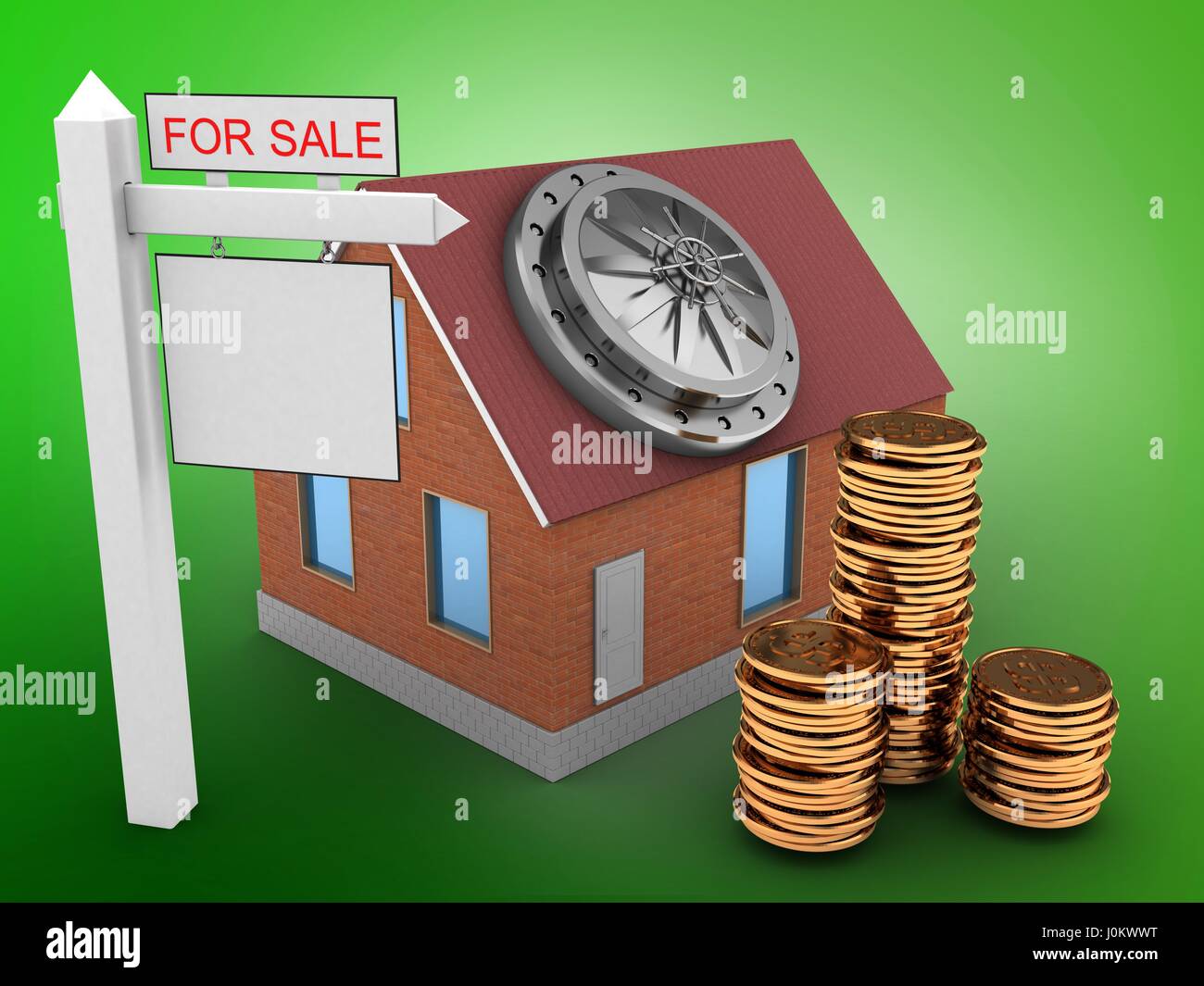 3d illustration of bricks house over green background with bank door ...