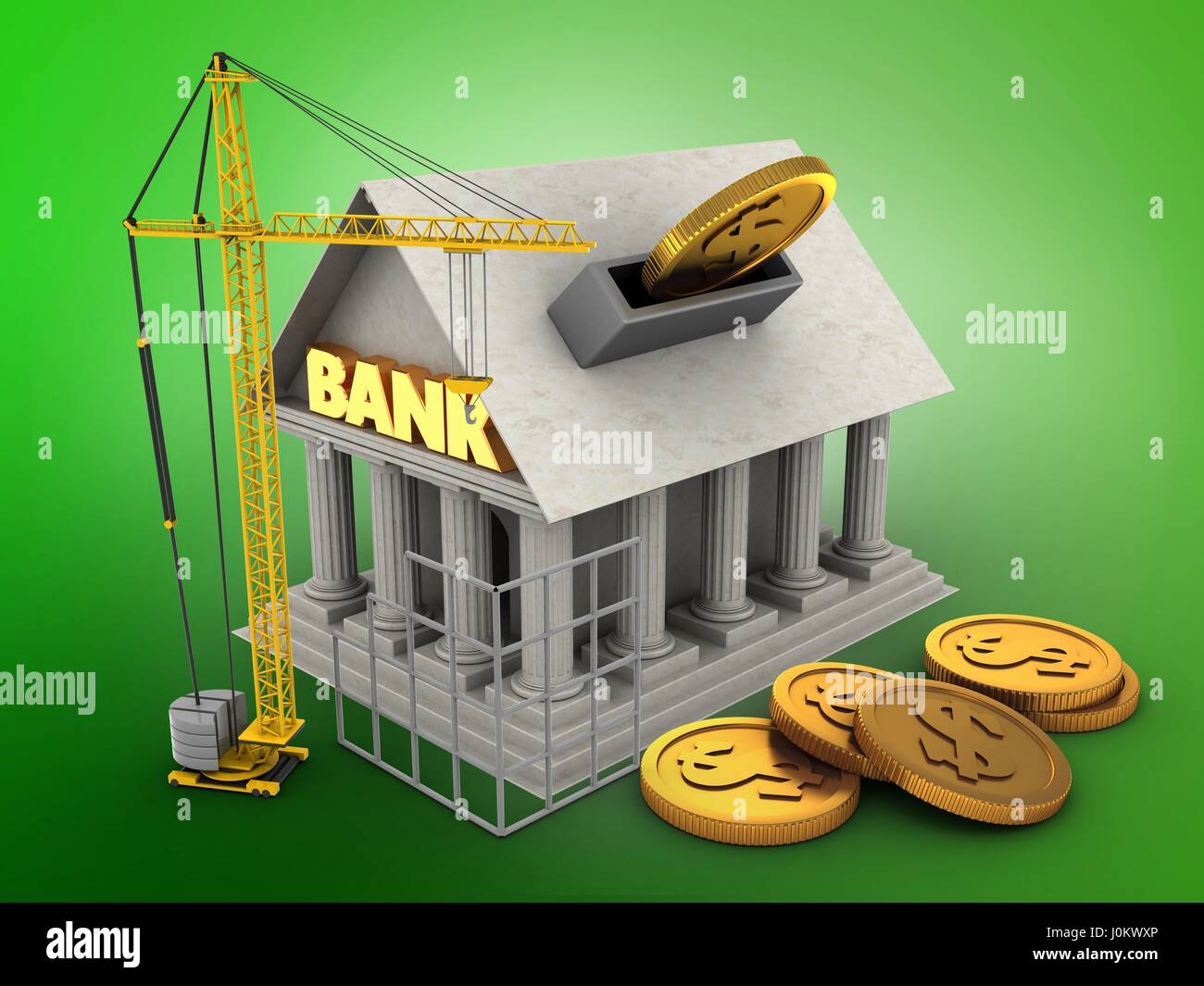 3d illustration of Bank over green background with coins and ...