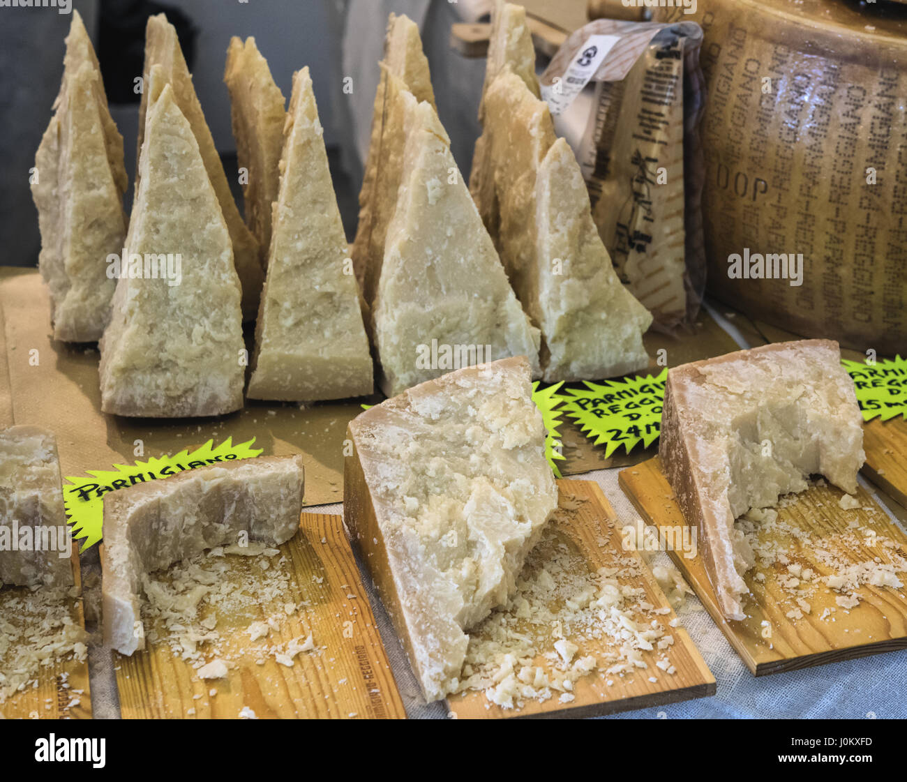 Parmesan cheese exposed for sale on a local market in Italy Stock Photo ...