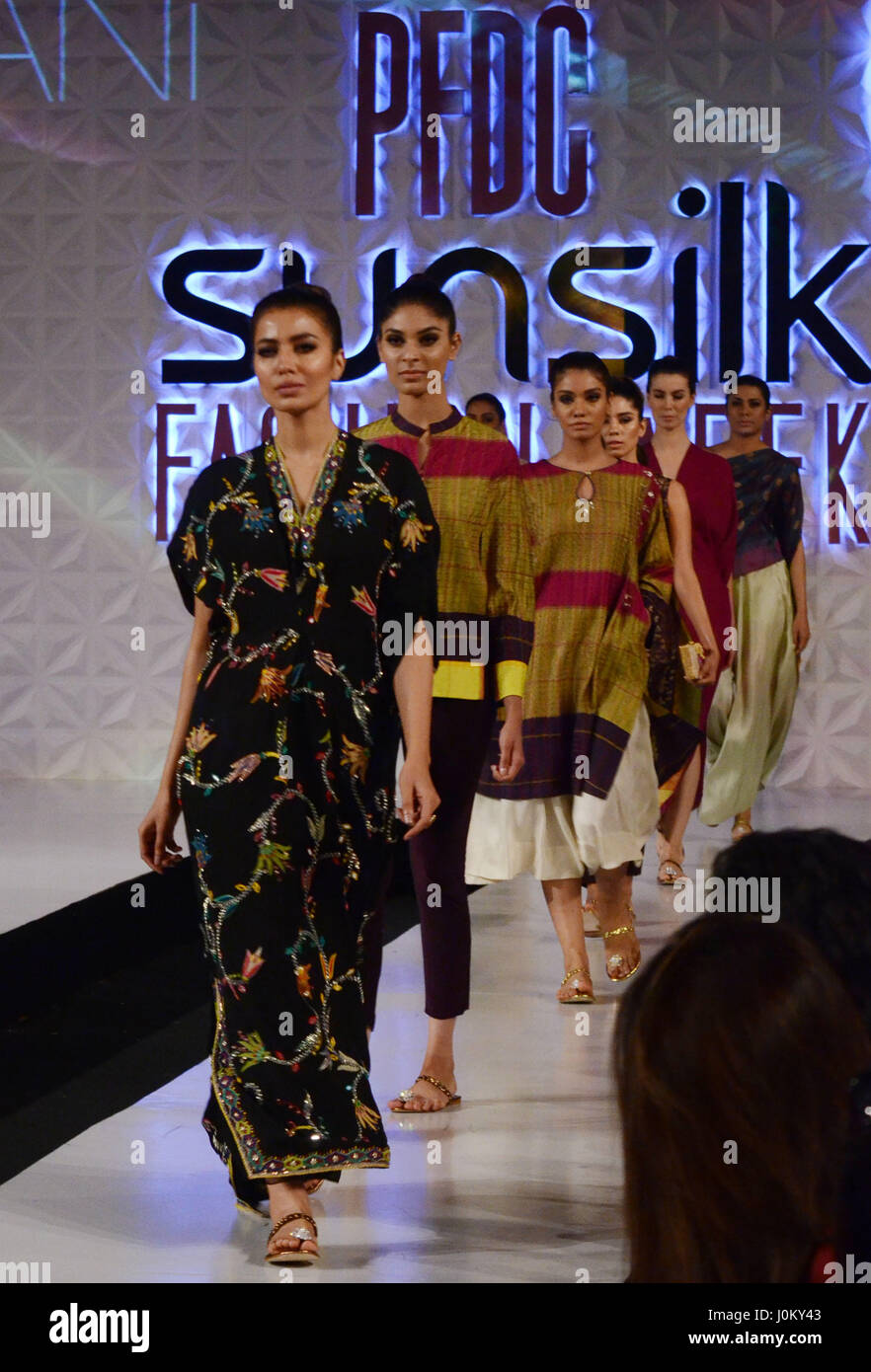 Lahore, Pakistan. 14th Apr, 2017. A Pakistani model presents a creation ...