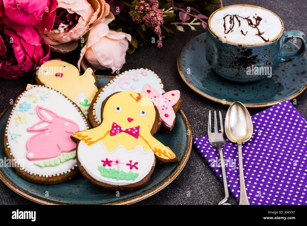 Easter gingerbread cookies with drawing. Studio Photo Stock Photo - Alamy
