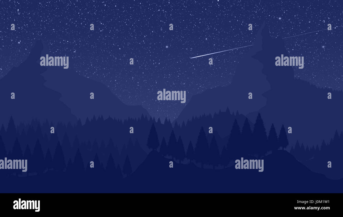 Mountain Landscape Illustration at Night with Stars and Shooting Star ...