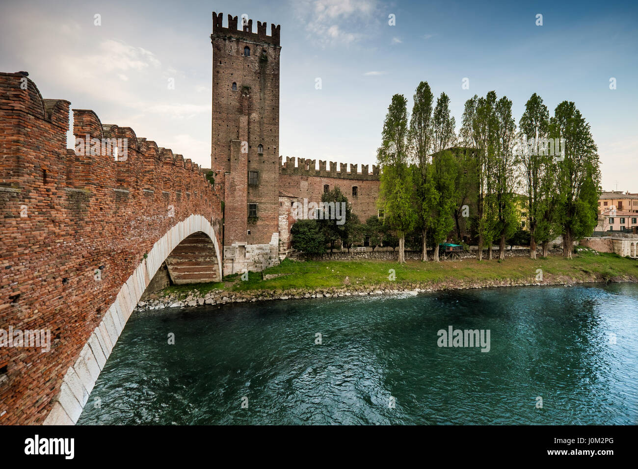 Verona, Italy. Detail of medieval stone bridge of Ponte Scaligero, over ...
