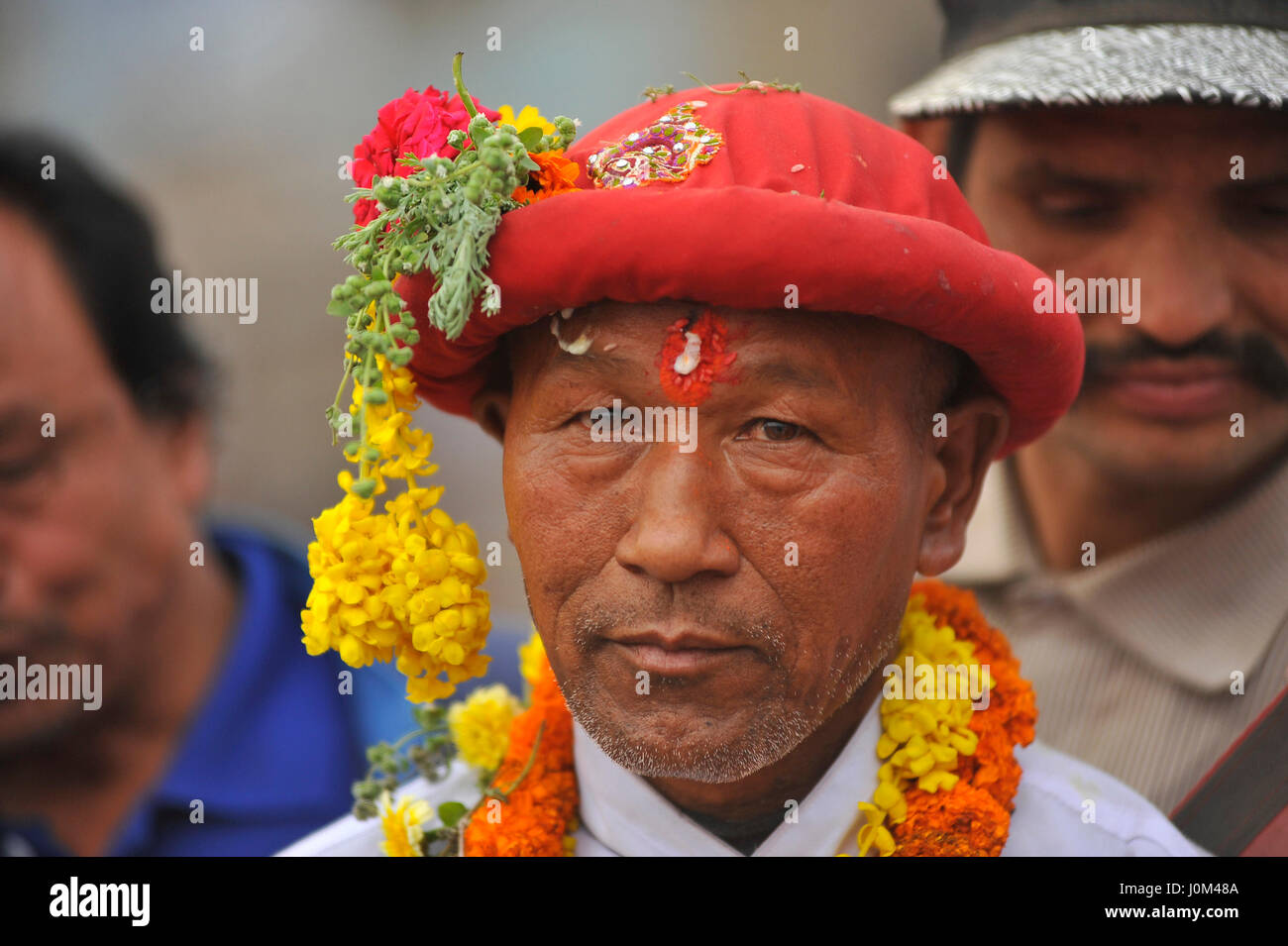 Kathmandu, Nepal. 14th Apr, 2017. A portrait of local priest offering ...