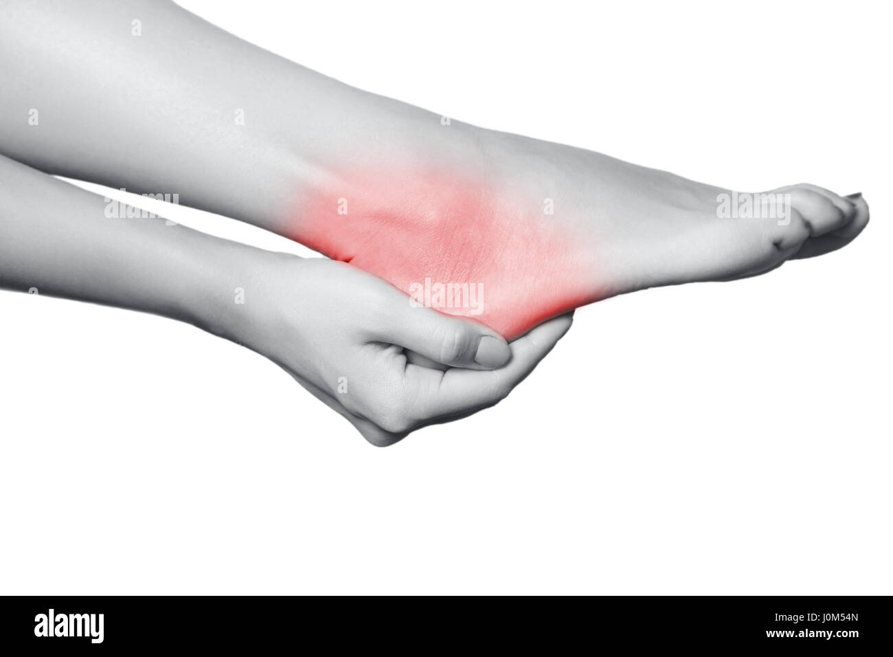 Closeup view of a young woman with pain on leg. isolated on white ...