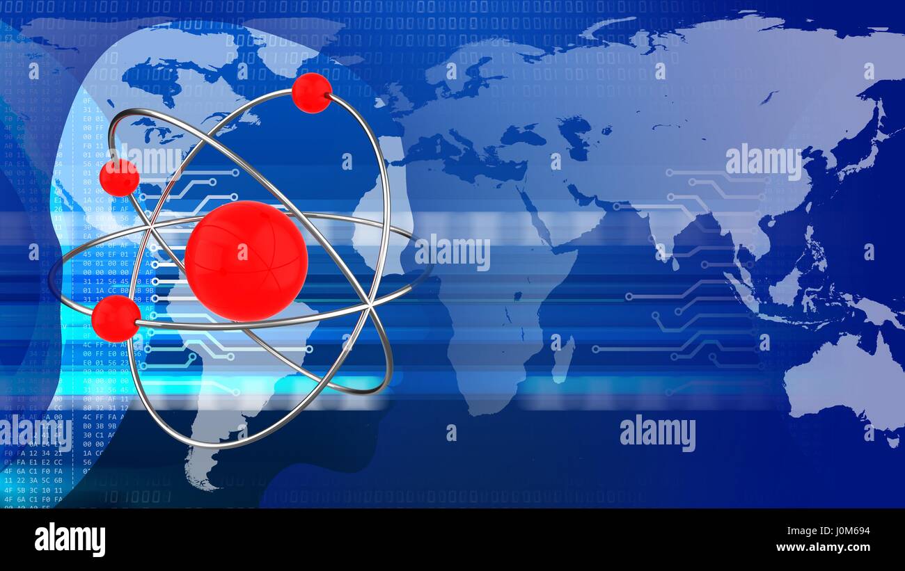 abstract 3d digital background with atom head silhouette and earth ...