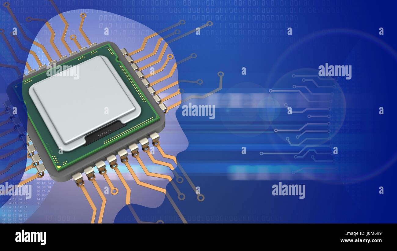 abstract 3d digital background with computer chip head silhouette and ...