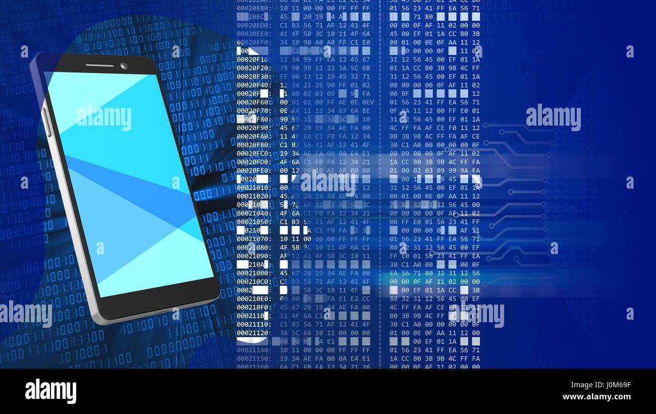 abstract 3d binary background with phone head silhouette and ...