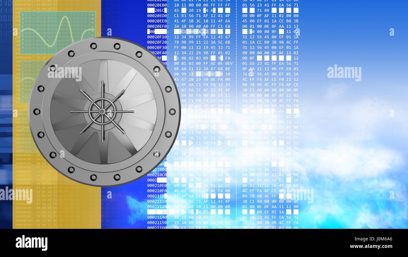 abstract 3d clouds background with vault door and hexadecimal code ...