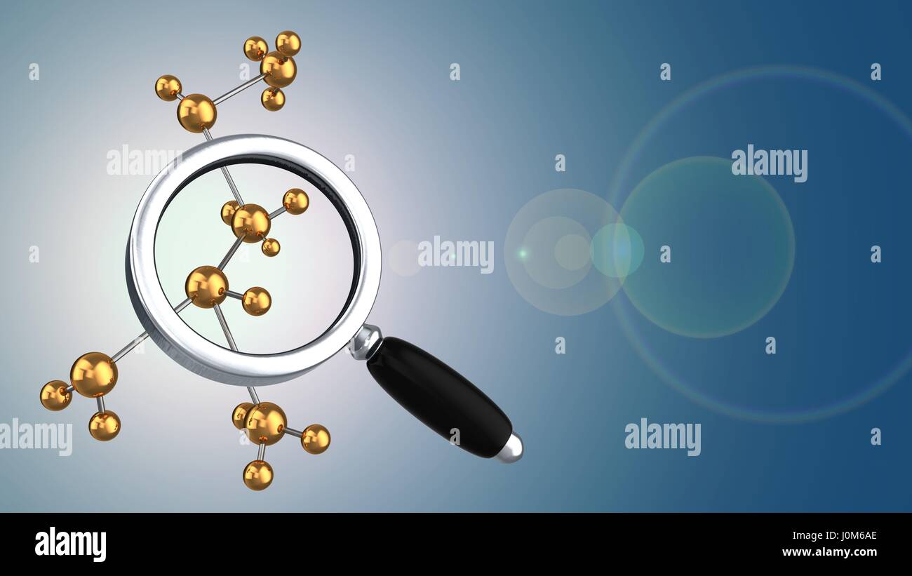 abstract 3d gree background with metal molecular shape magnify glass ...