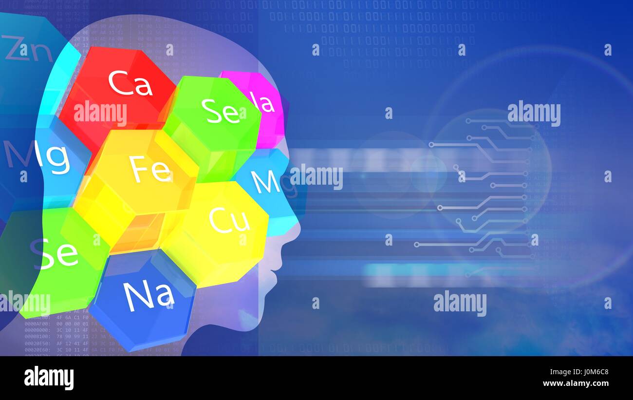 abstract 3d sky background with microelements head silhouette and lens ...