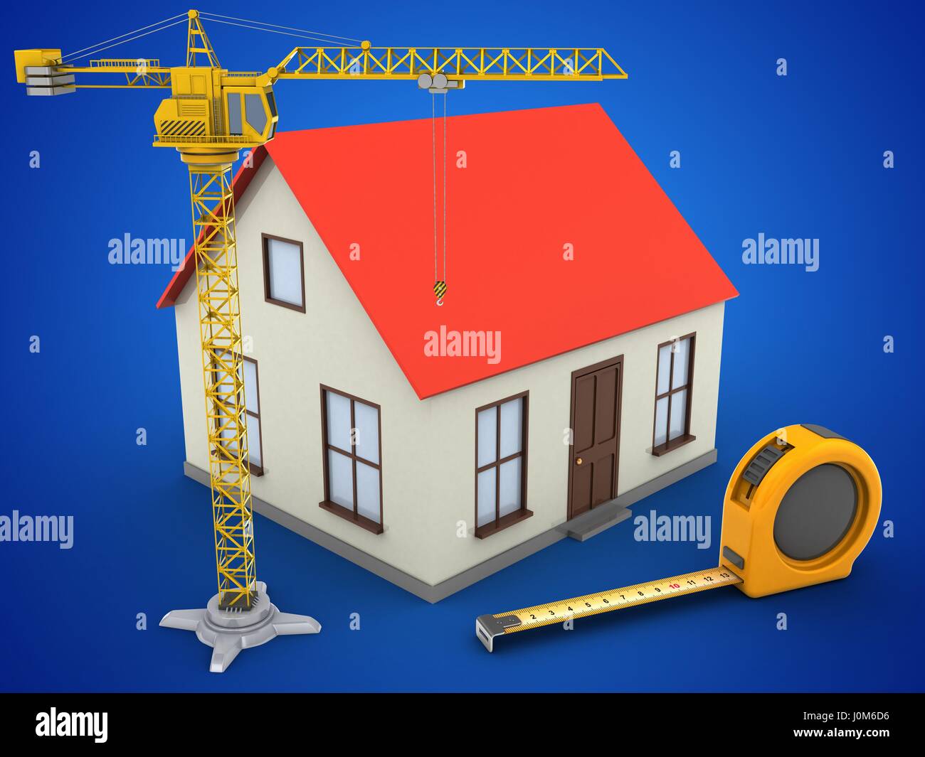 3d illustration of generic house over blue background with ruler and ...