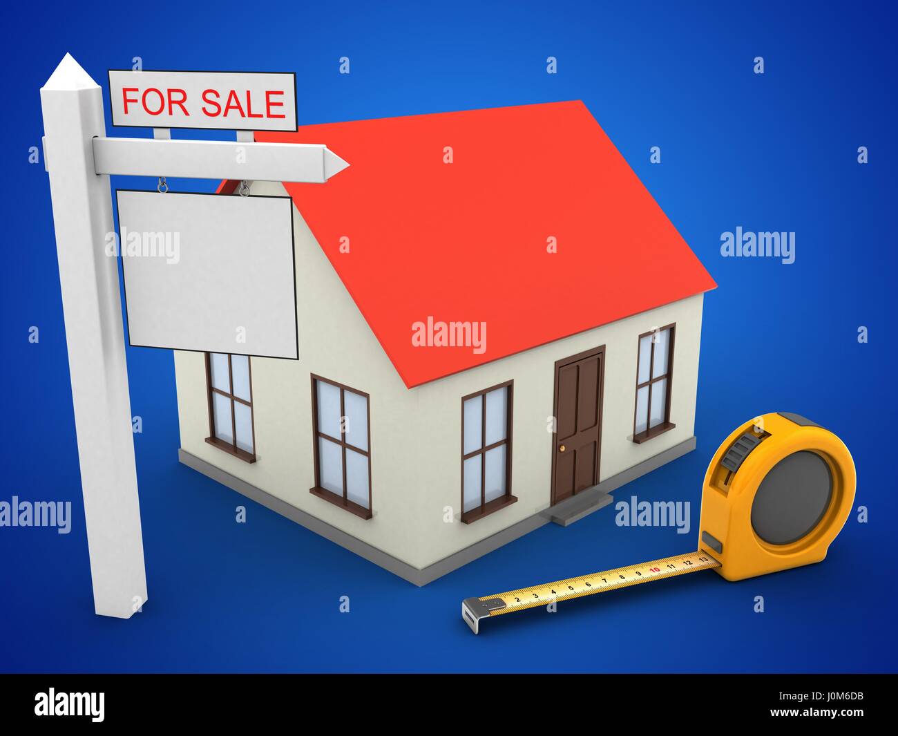 3d illustration of generic house over blue background with ruler and ...
