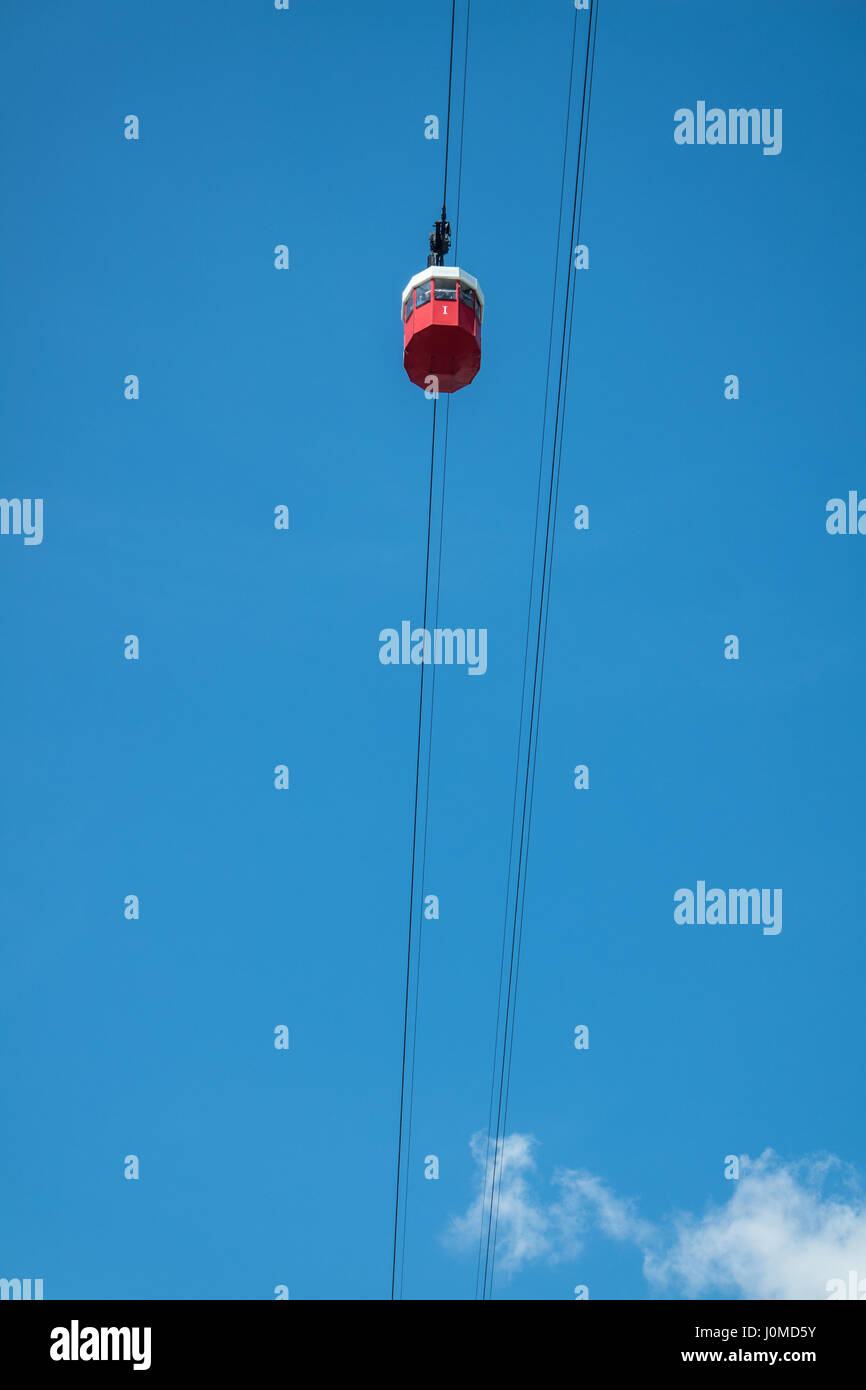 Barcelona red cable car on a blue sky background Stock Photo - Alamy