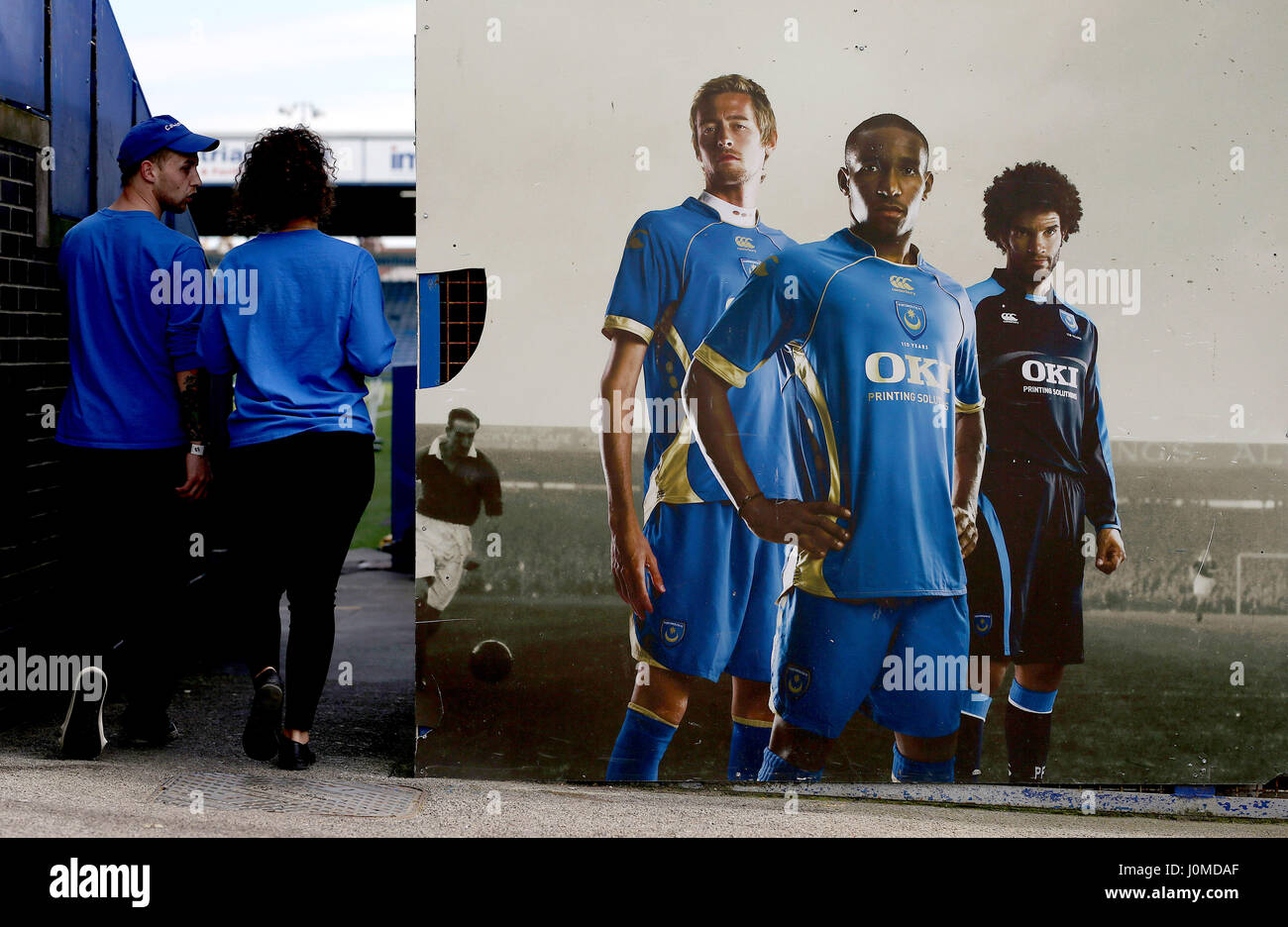 General view of an old advertising board including former players (from ...