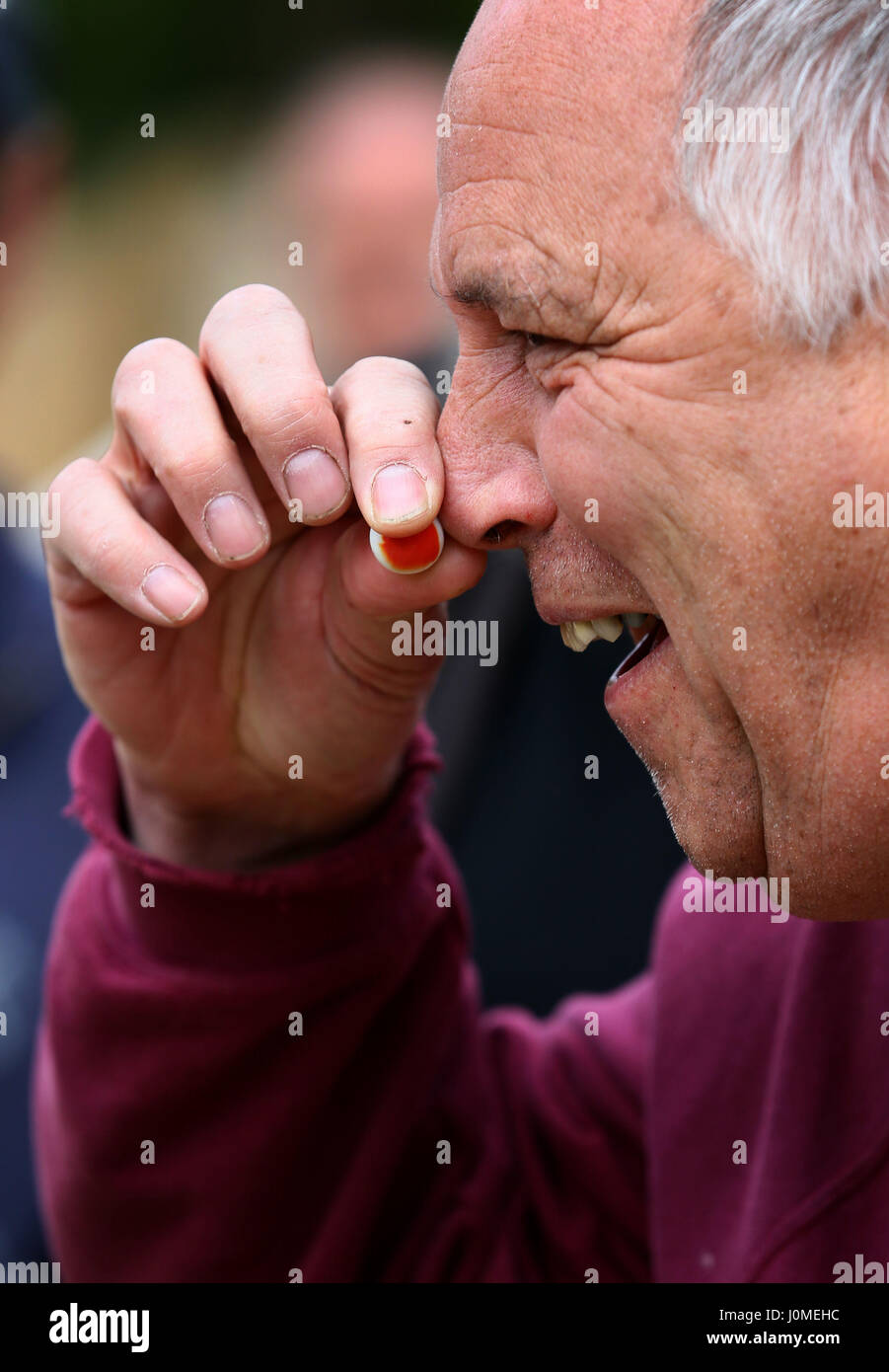 Andy Parr of the Caterham Cowboys takes part in the nose drop to start ...