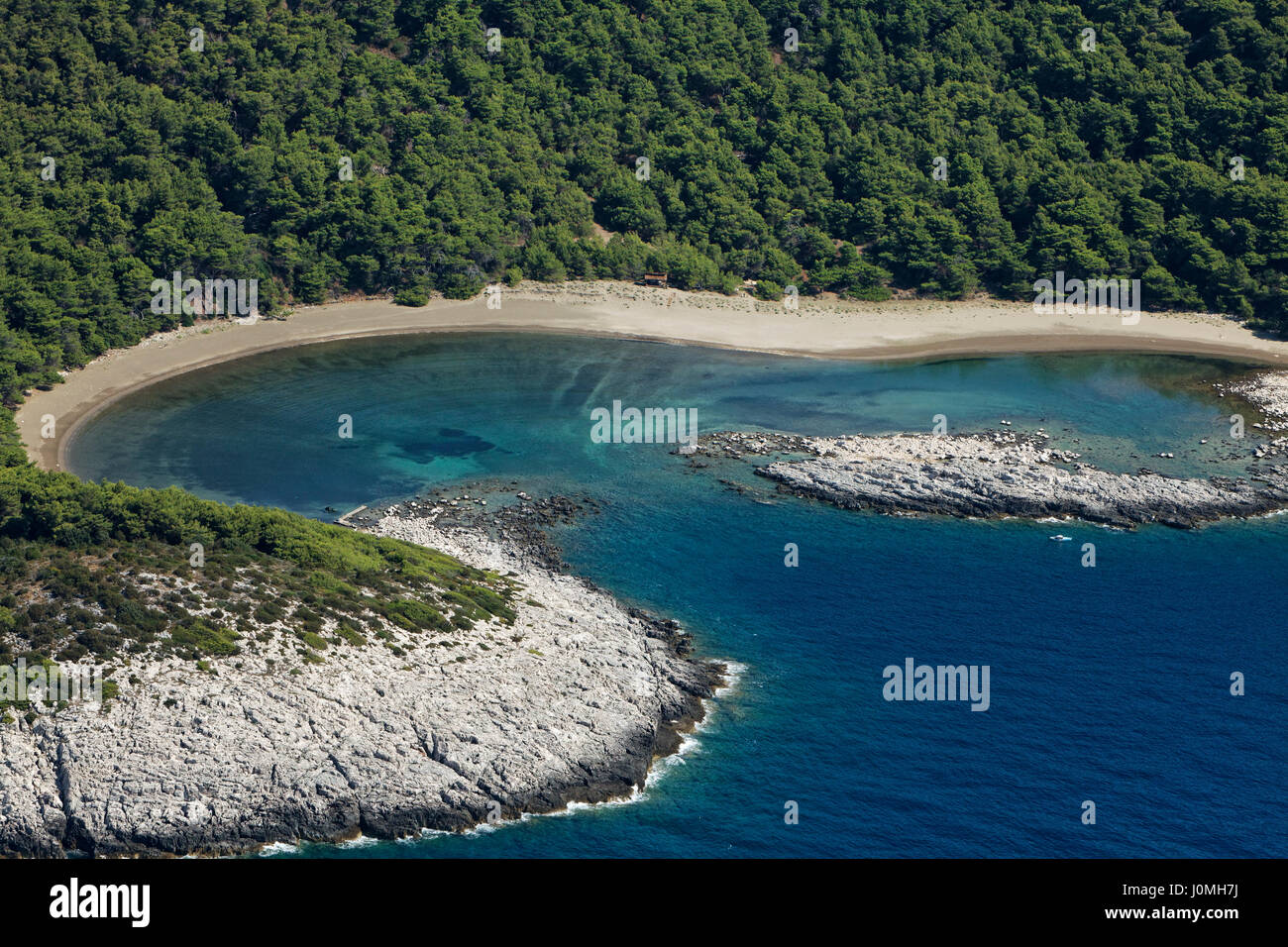 Aerial view of sandy beach Limuni on Blace Bay on Mljet Island, Croatia ...