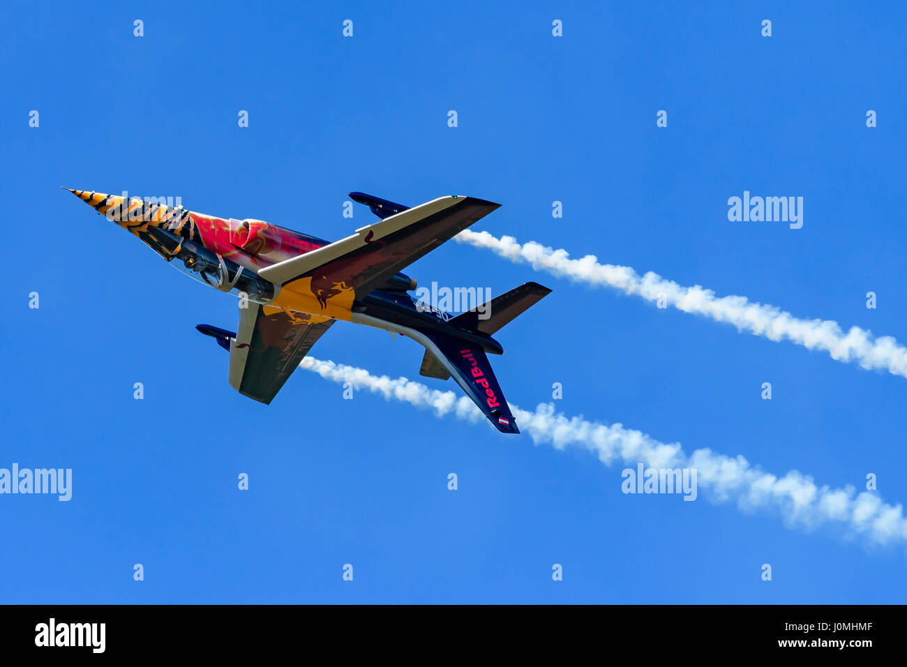 Maribor, Slovenia - April 7, 2017: Alpha Jet of the Red Bull display ...