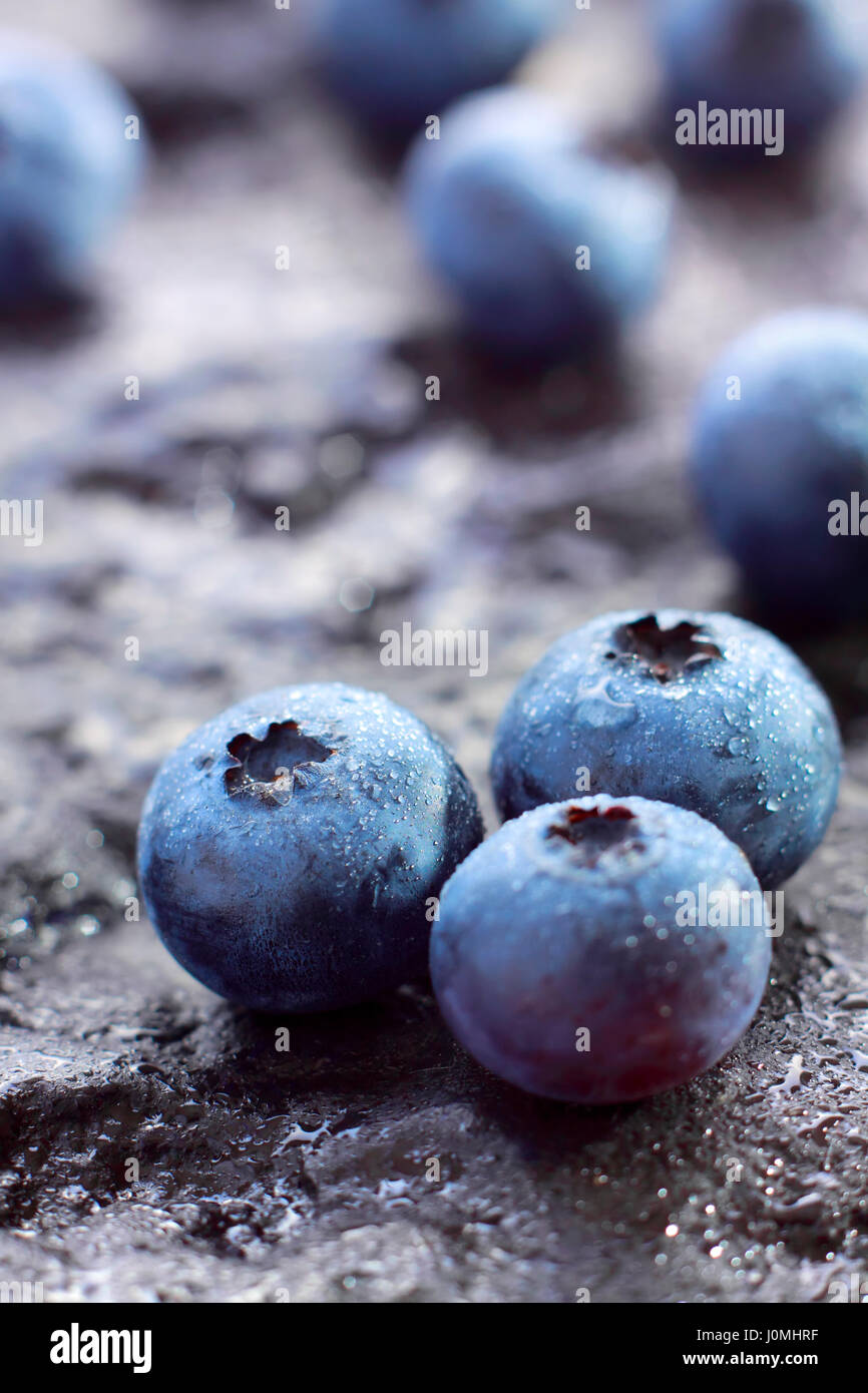 Blueberry (Northern Highbush Blueberry) fruits on dark painted stone ...
