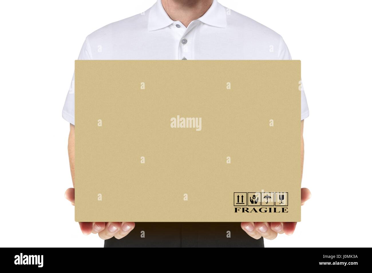Delivery man carry a box over white Stock Photo - Alamy
