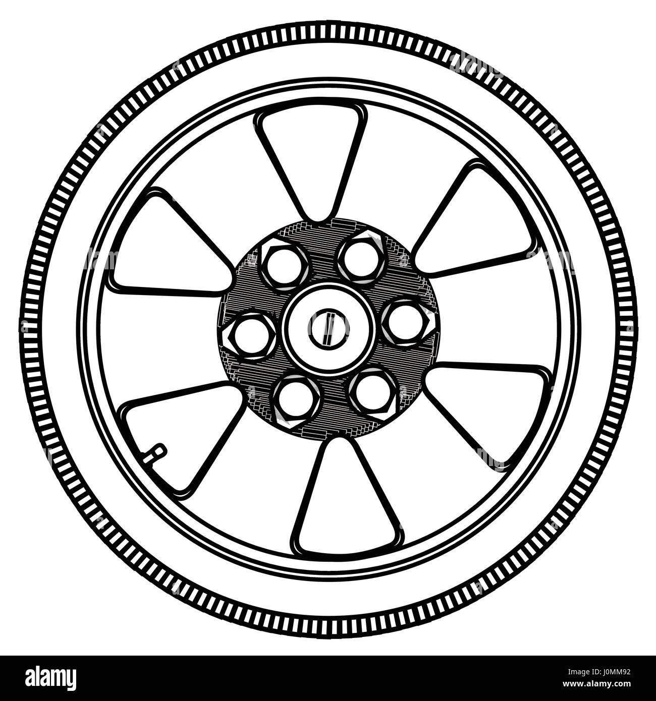 A low profile tyre on an aluminium wheel in outline over a white ...