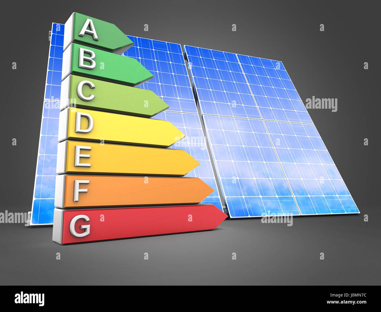 3d illustration of energy ranking over grey background with solar panel ...