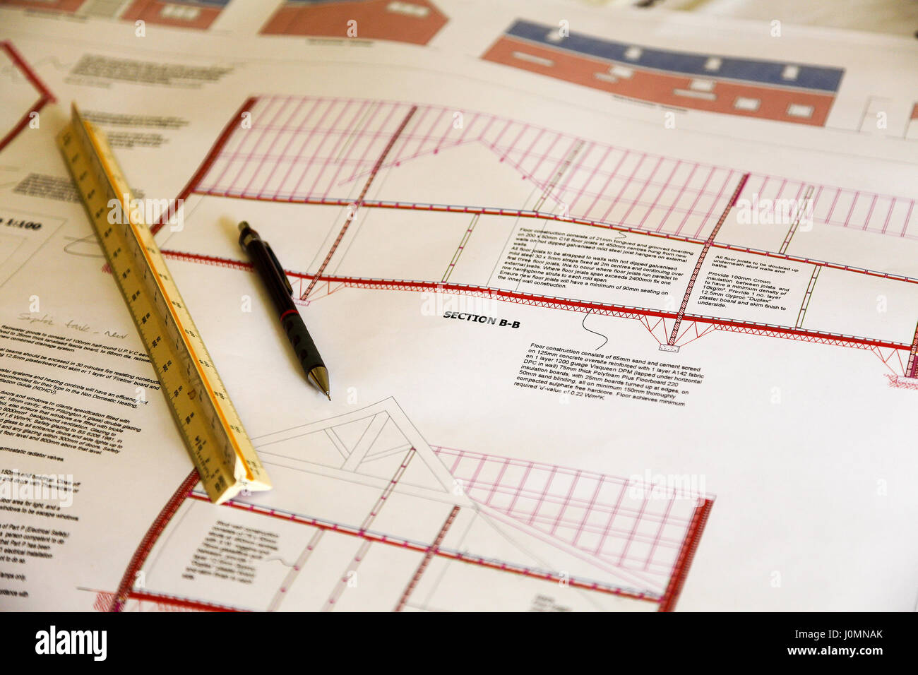 Architectural plans with a scale rule and retractable pencil Stock ...