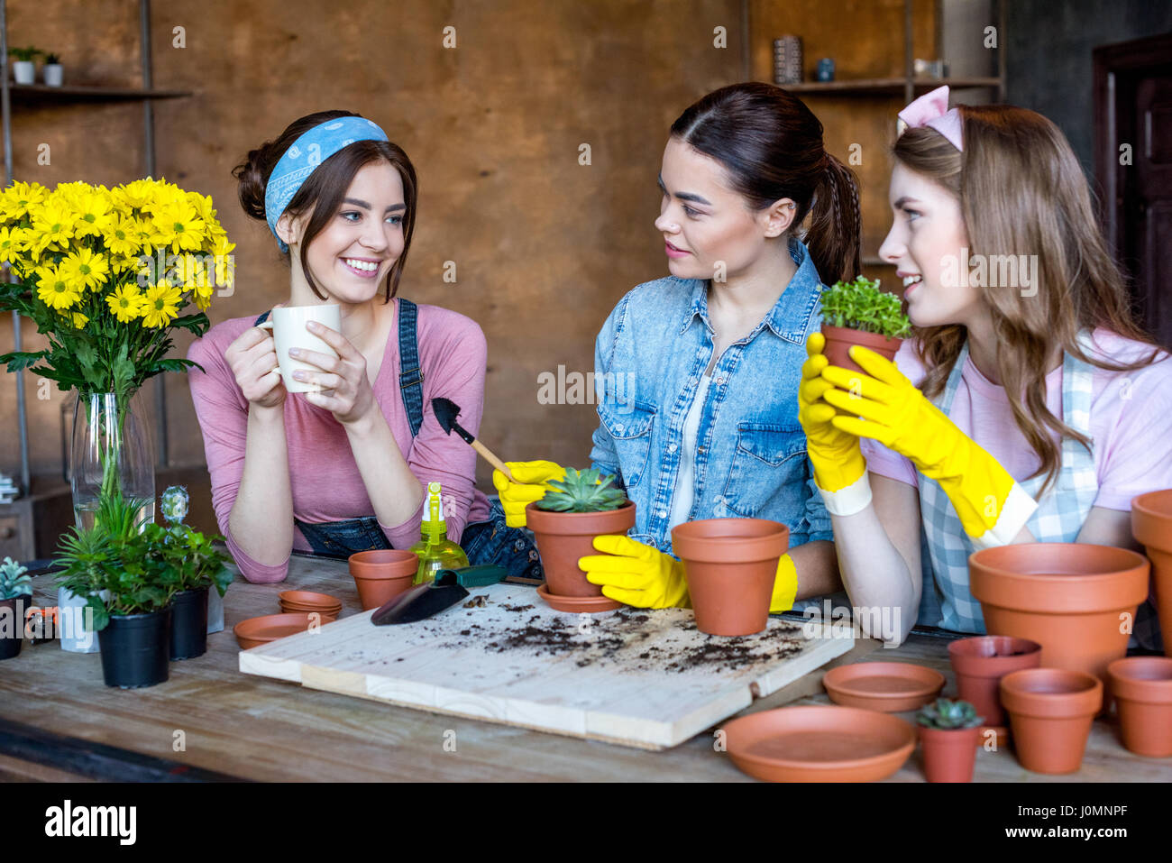 cheerful young women planting flowers in pots Stock Photo - Alamy