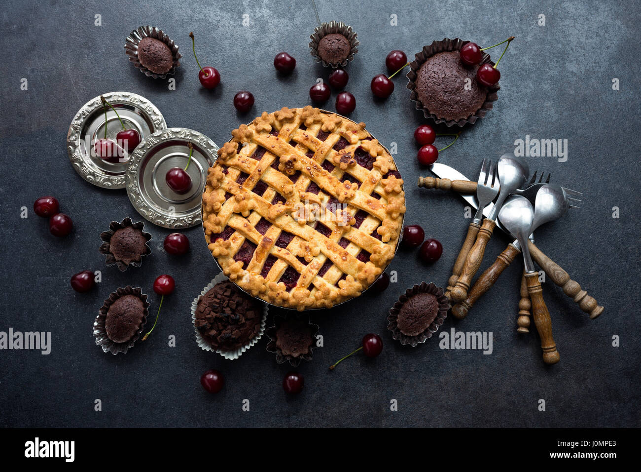 Delicious homemade cherry pie with a flaky crust top view Stock Photo ...