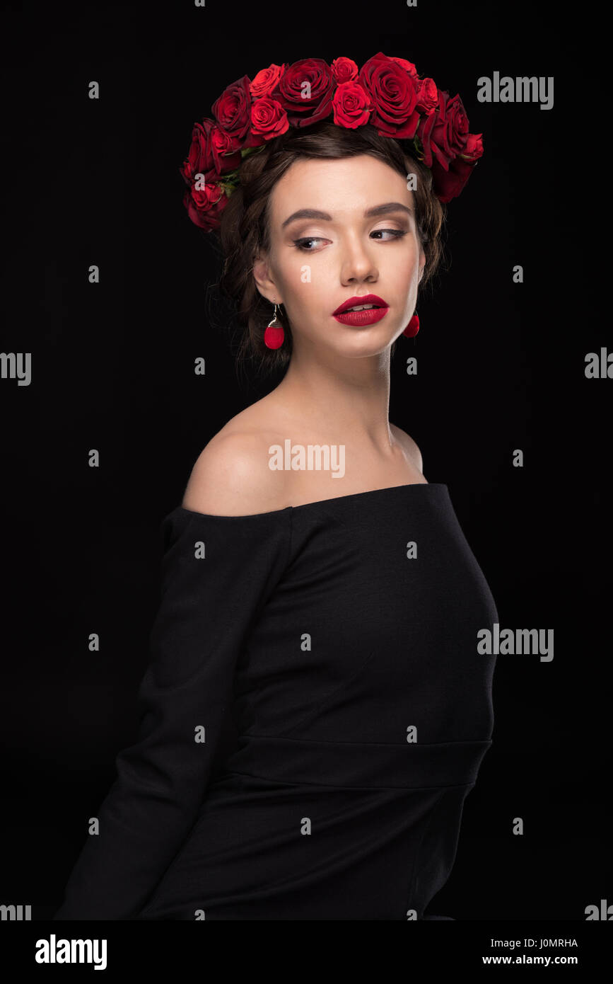 beautiful woman with roses wreath on head looking away Stock Photo - Alamy