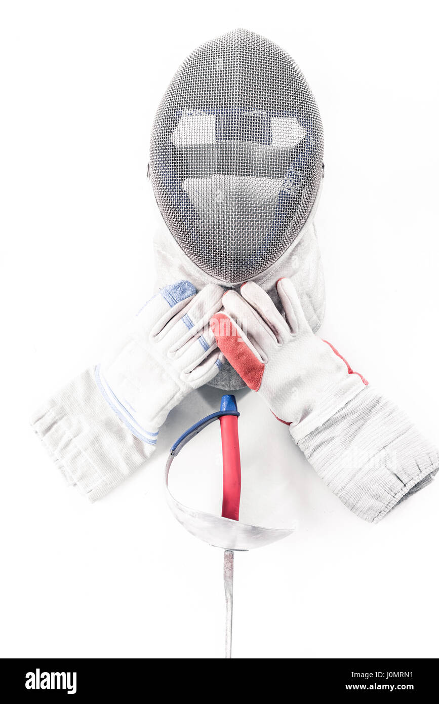 Professional fencing equipment, mask, gloves and rapier isolated on ...