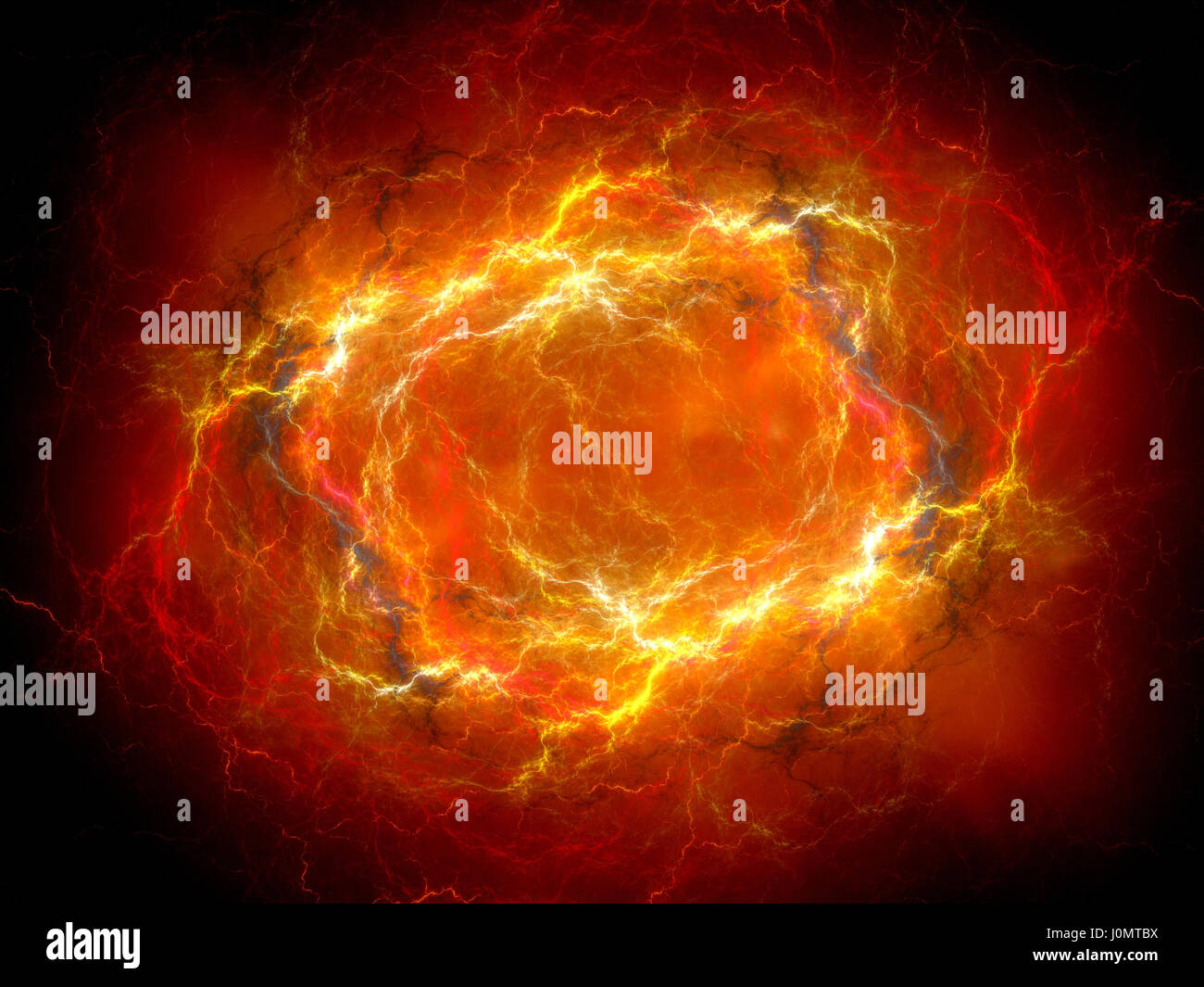 Fiery red glowing plasma lightning in space, computer generated abstract background, 3D ...
