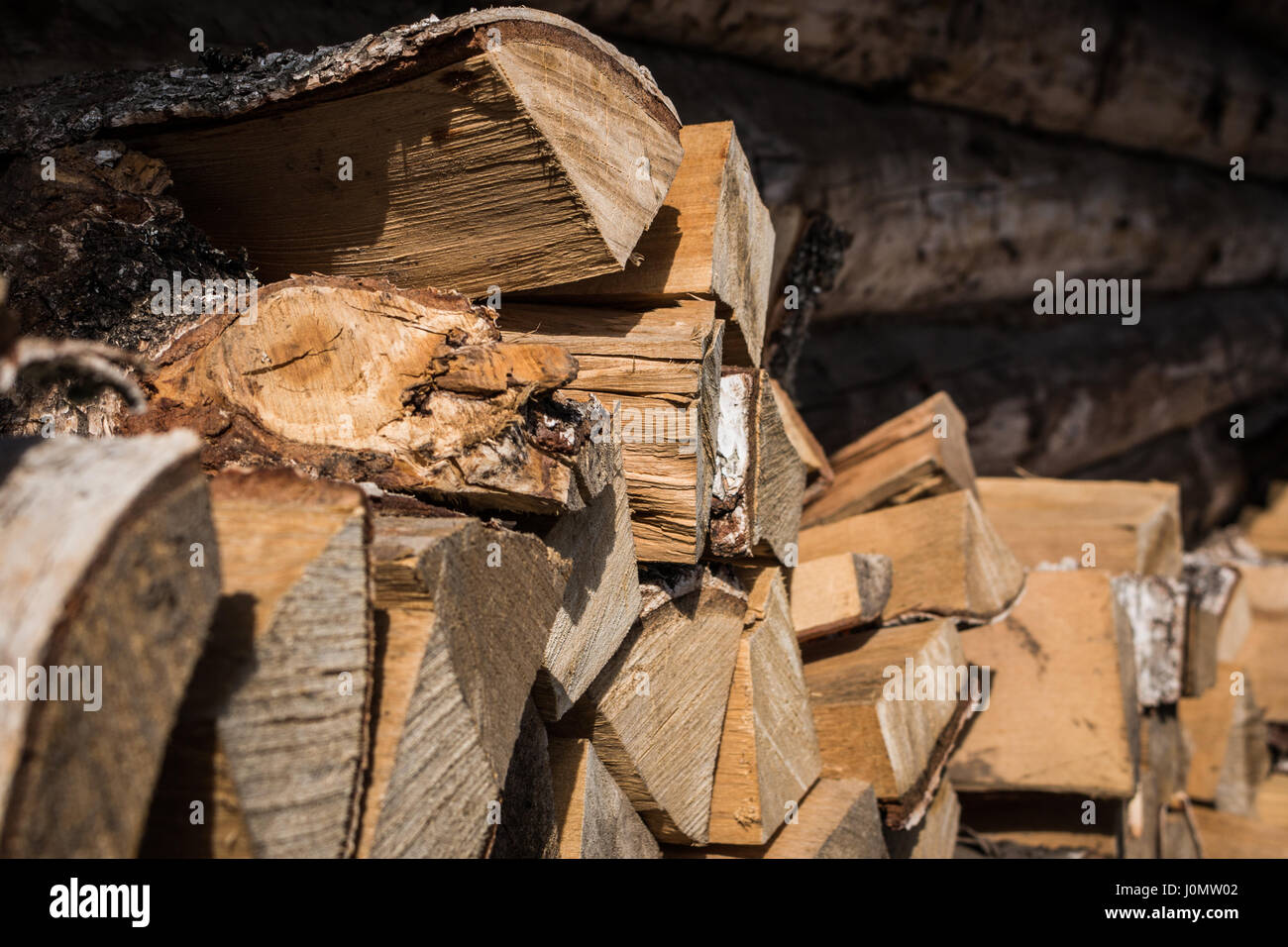 Natural wooden background, closeup of chopped firewood. Firewood ...