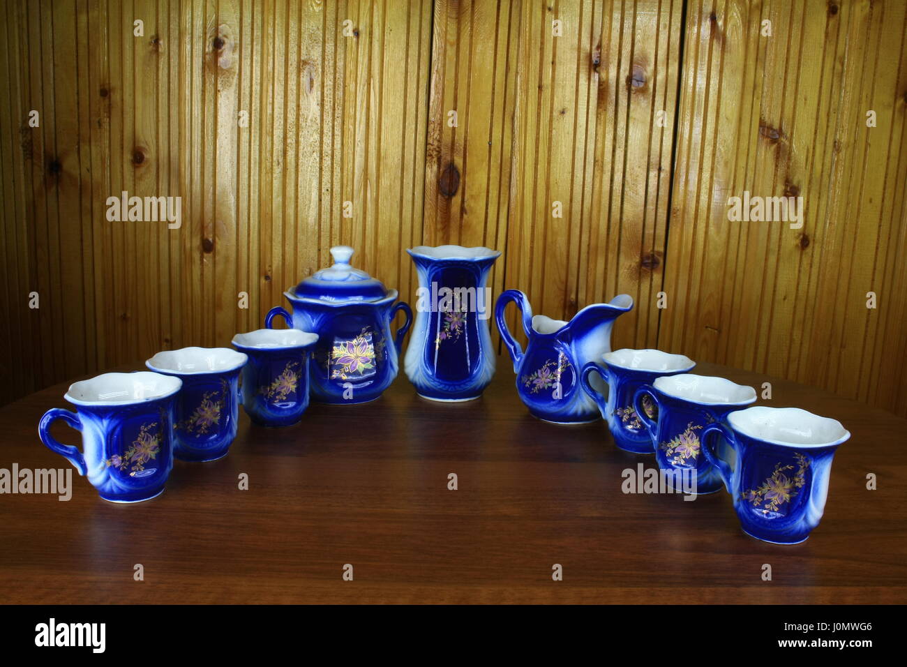 blue tea set on wooden background Stock Photo - Alamy