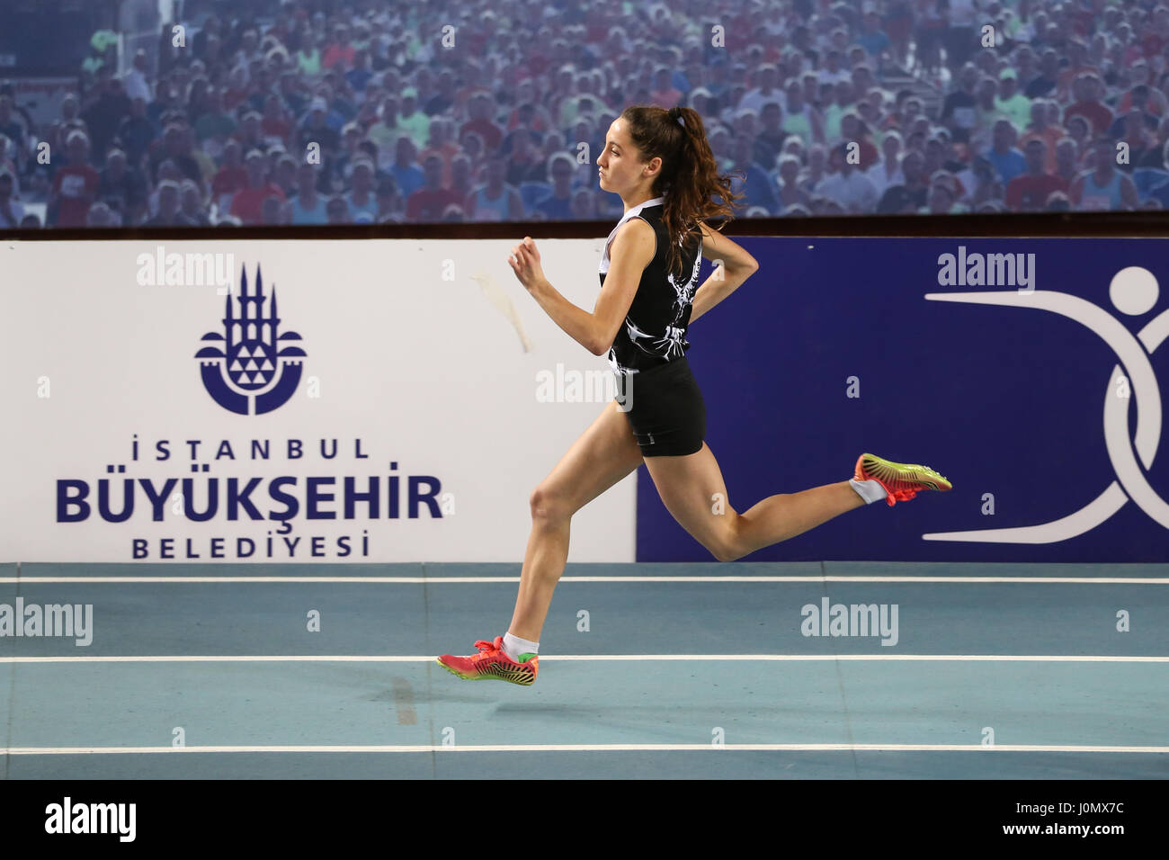 ISTANBUL, TURKEY - JANUARY 28, 2017: Athlete Bahar Karaloglu running ...