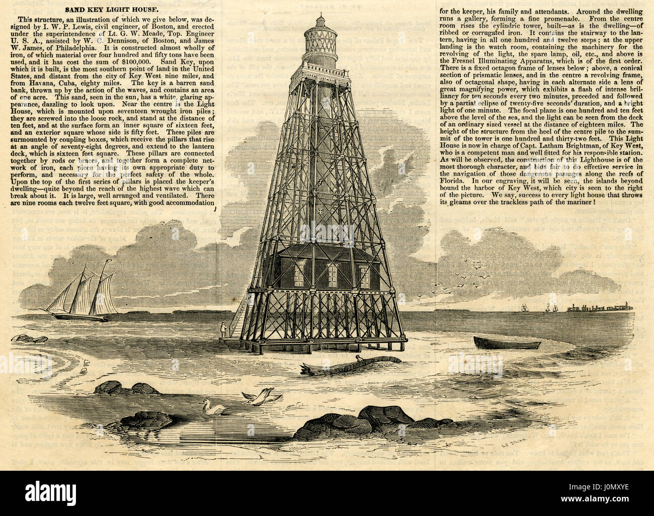 Antique 1854 engraving, "Representation of the Sand Key Light House ...