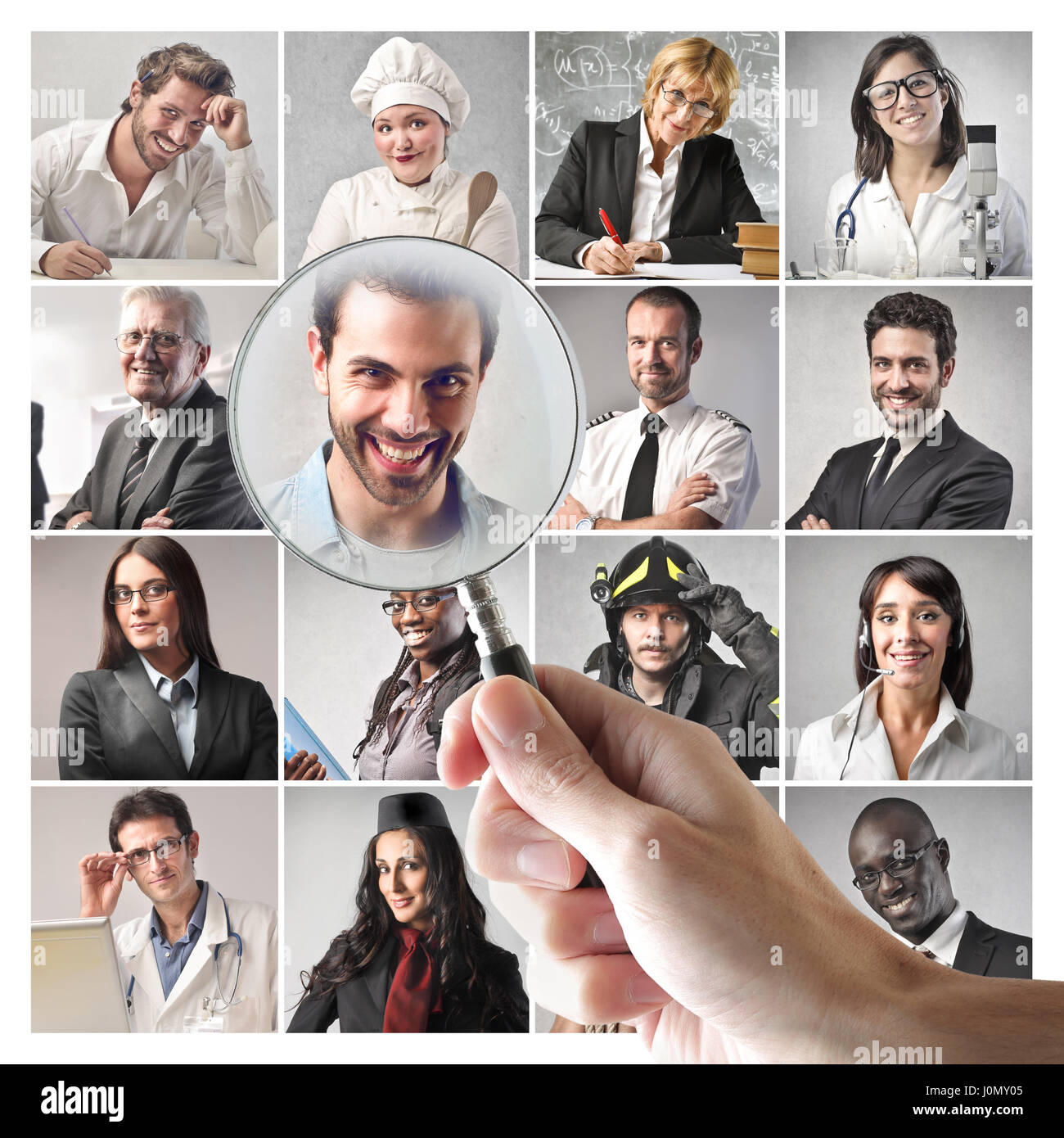 Collage of different people and magnifying glas Stock Photo - Alamy